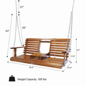 Outdoor Wooden Porch Swing, 2 Person Heavy Duty Hanging Patio Swing Bench for Garden, Backyard, Balcony, 500 Lb Weight Capacity, 5 ft Seat Width