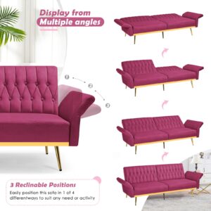 Lesofair 70" Velvet Futon with Adjustable Backrest and Armrests, Sofa Bed with with Extra Pillows for Waiting Room, Living Room and Office, Fuchsia