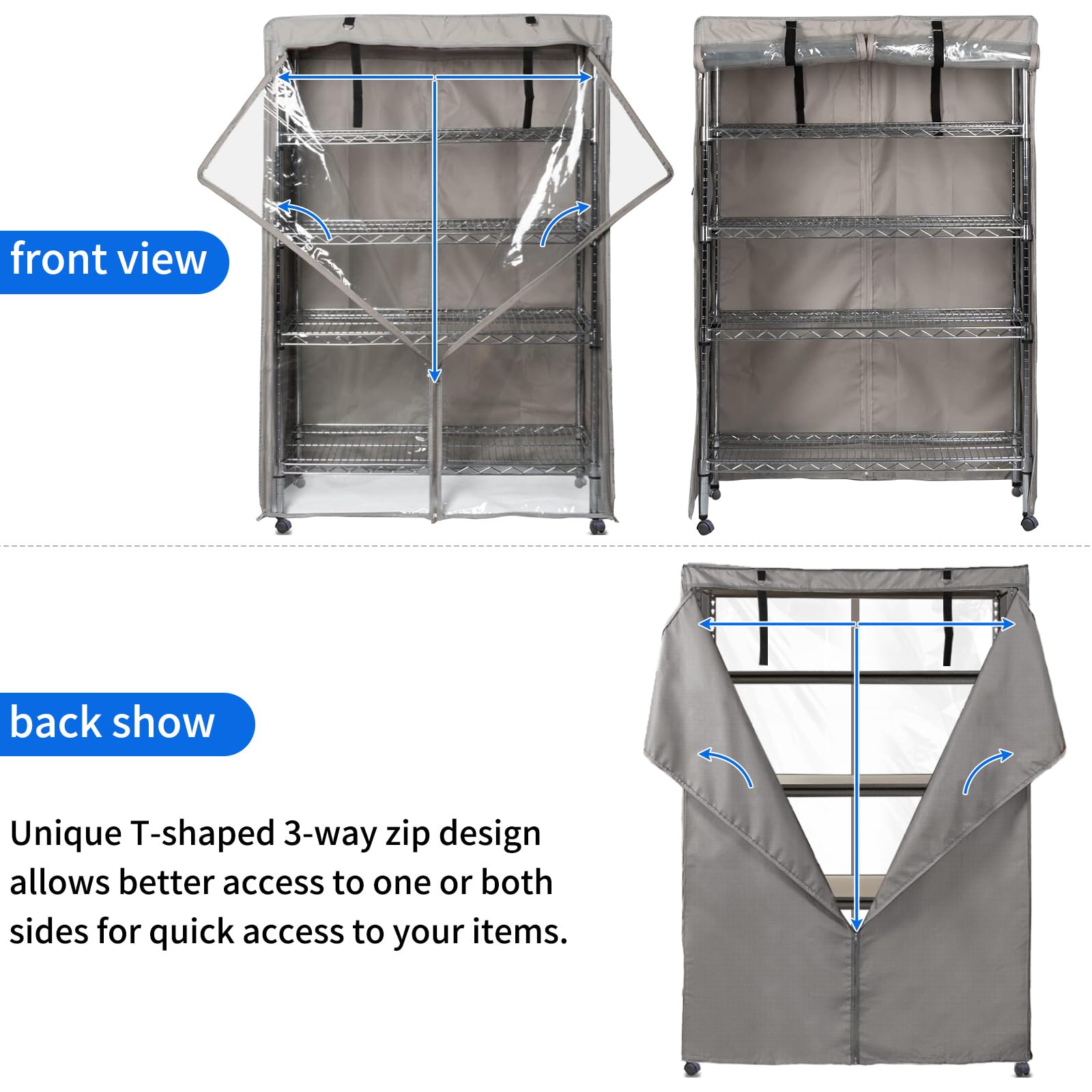 COSHNIBI Storage Shelf Cover, Premium Clear Front Shelf Cover for 48Lx18Dx72H Shelves, Keeps Garage Kitchen Clean T-Shaped 3-Way Zipper, One Side See-Through Panel (Cover Only)