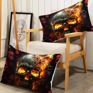 AILONEN Fire Skull Fitted Sheet Queen Size, 3D Skeleton Bed Sheet Set for Kids Boys,Fiery Style Black Tint Soft Breathable,1 Fitted Sheet 2 Pillowcases,3 PCS,Soft Microfibre