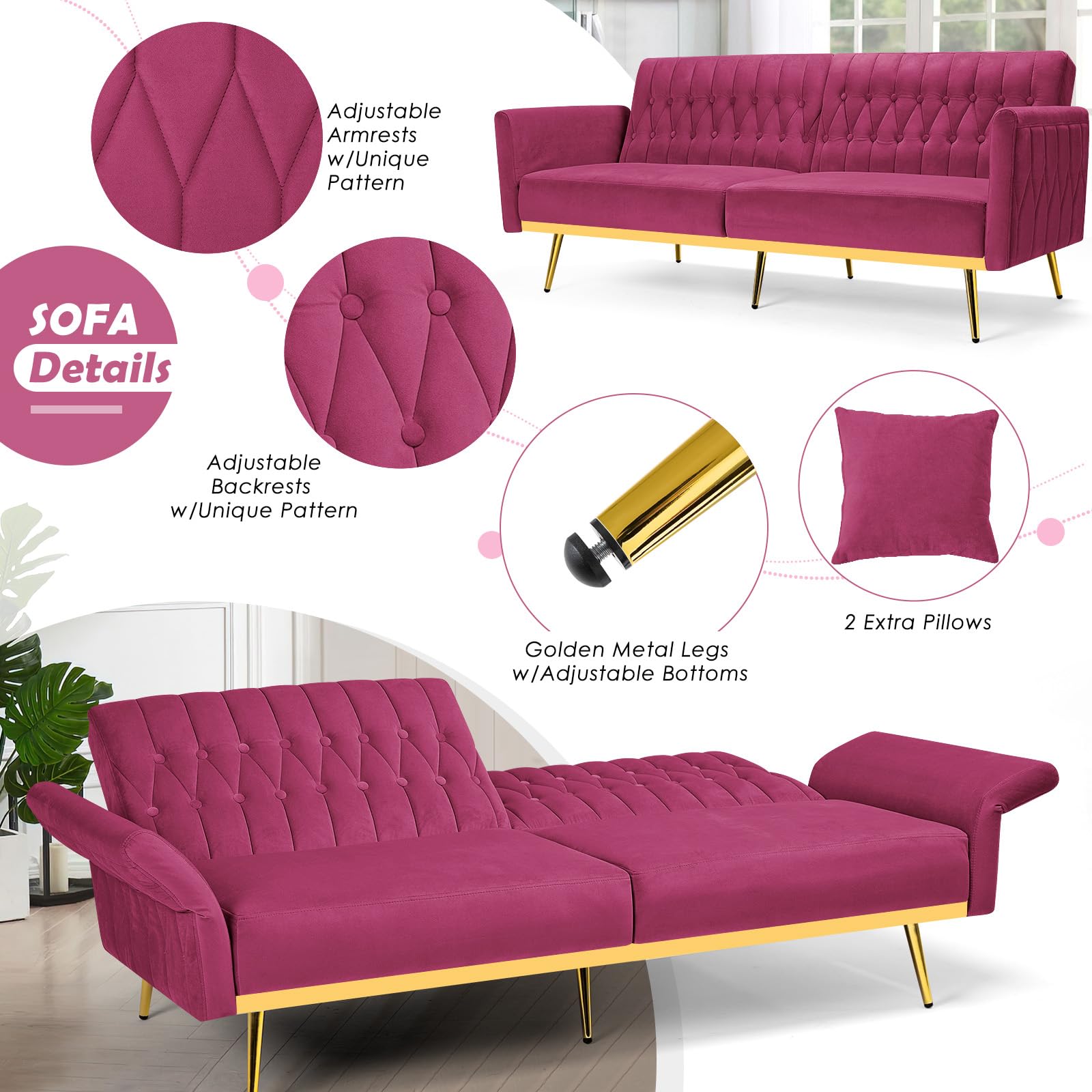 Lesofair 70" Velvet Futon with Adjustable Backrest and Armrests, Sofa Bed with with Extra Pillows for Waiting Room, Living Room and Office, Fuchsia