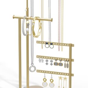 susswiff Jewelry Holder Organizer Stand - Adjustable Tall 17.5" (Max), Sturdy Jewelry Hanger for Necklaces, Earrings, Bracelets, Rings, Jewlery Display and Storage, Gold and White, Metal