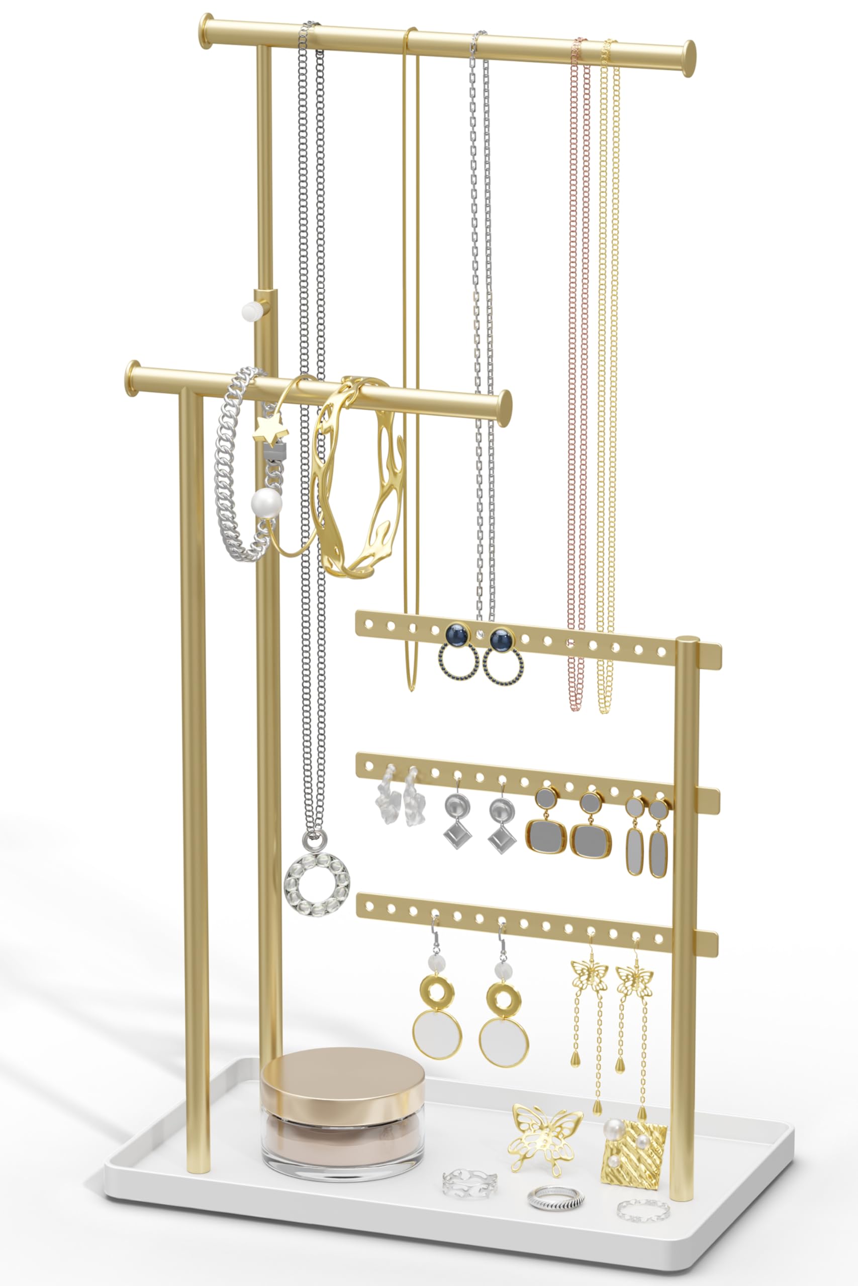 susswiff Jewelry Holder Organizer Stand - Adjustable Tall 17.5" (Max), Sturdy Jewelry Hanger for Necklaces, Earrings, Bracelets, Rings, Jewlery Display and Storage, Gold and White, Metal