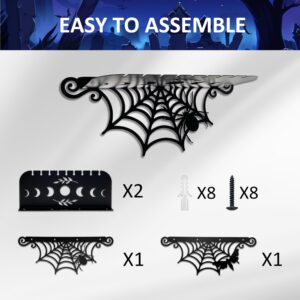 2 Pcs Gothic Decor Spiderweb Shelves Metal Goth Decor Shelf for Crystal Display Black Witchy Style Spider and Luna Moth Floating Shelves Halloween Wall Hanging Shelf Spooky Home Decor for Room