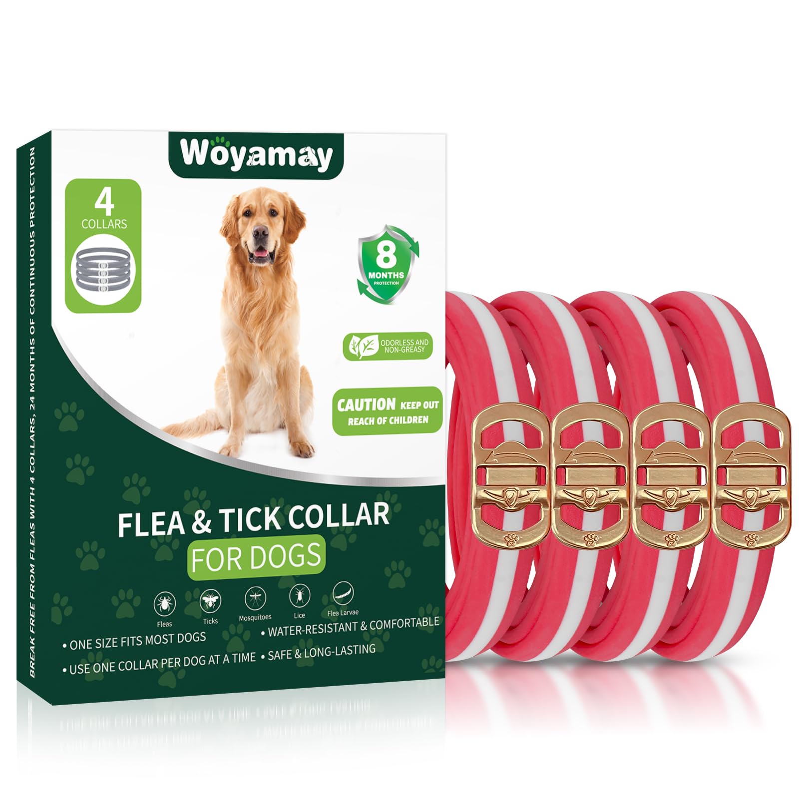 Woyamay 4 Pack Flea Collar for Dogs, Adjustable Flea and Tick Collar for Dogs, 32-Month Flea and Tick Prevention for Dogs, Dog Flea and Tick Collar, Water-Resistant Dog Flea Collars, Red & White