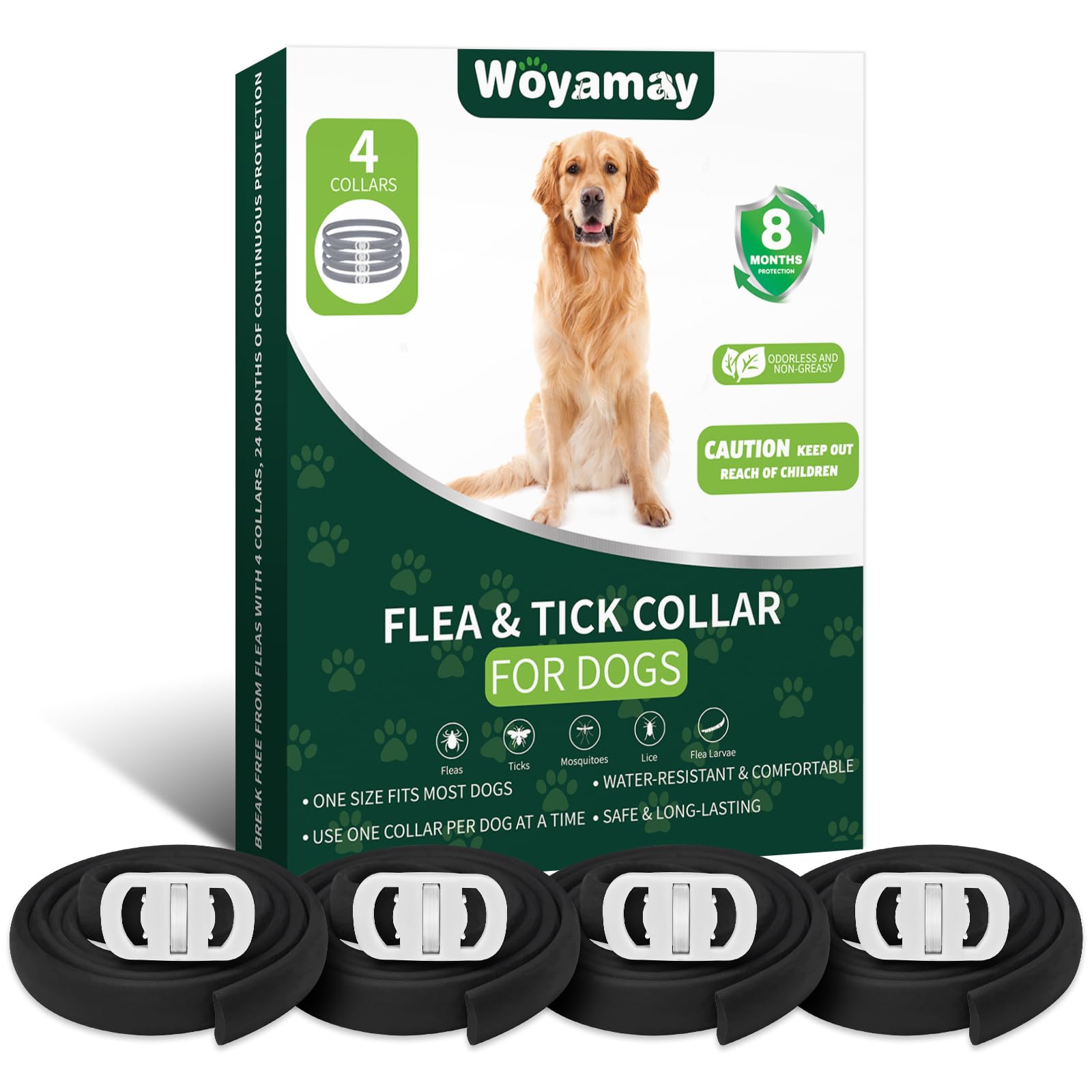 Woyamay Flea Collar for Dogs, 4 Pack Flea and Tick Collar for Dogs, 8-Month Dog Flea and Tick Treatment and Prevention, Waterproof Dog Flea Collar, Adjustable Dog Flea and Tick Collar, Black