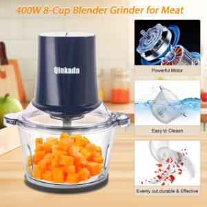 Qinkada Food Processors with 2 Bowls, 400W Meat Grinder, Food Chopper Electric, 2 Speed, 8Cup Glass and 8Cup 304 Stainless Steel, 2 Blades, Spatula (Blue)