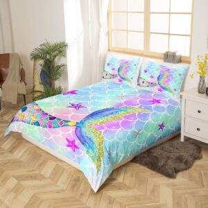 Erosebridal Rainbow Mermaid Comforter Cover Mermaid Tail Duvet Cover Girls Fish Scales Bedding Set Ocean Life Underwater Starfish Seashell Print Quilt Cover with 1 Pillowcase, Twin