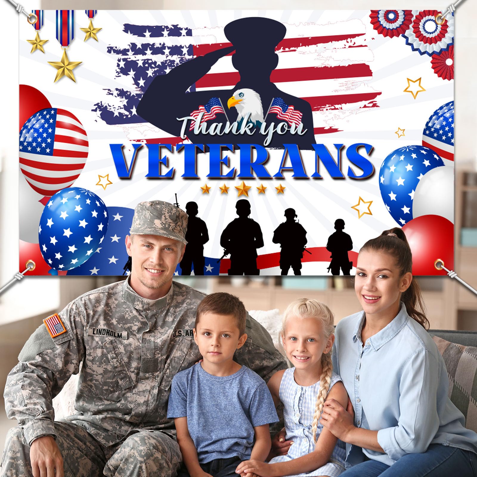 Veterans Day Backdrop Banner, Thank You Veterans Banner Patriotic Backdrop Background Banner, Indoor Outdoor Veterans Day Photo Backdrop for Greeting Veterans Day Party Decorations