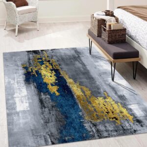 JHIQYVA 5x7 Feet Bedroom Area Rug for Living Room Kitchen Dining Room Office Study,Modern Minimalist Ultra Thin Low Pile Washable Rug,Non-Slip Soft Non-Shedding,Blue-Yellow