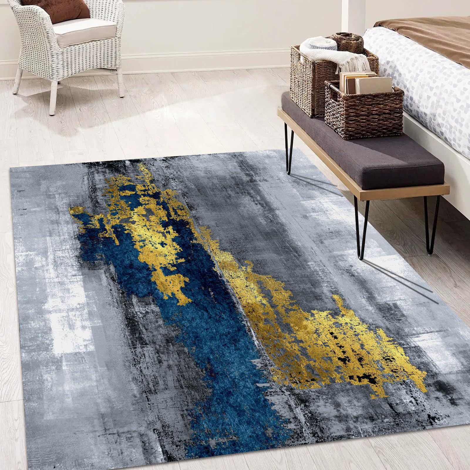 JHIQYVA 5x7 Feet Bedroom Area Rug for Living Room Kitchen Dining Room Office Study,Modern Minimalist Ultra Thin Low Pile Washable Rug,Non-Slip Soft Non-Shedding,Blue-Yellow