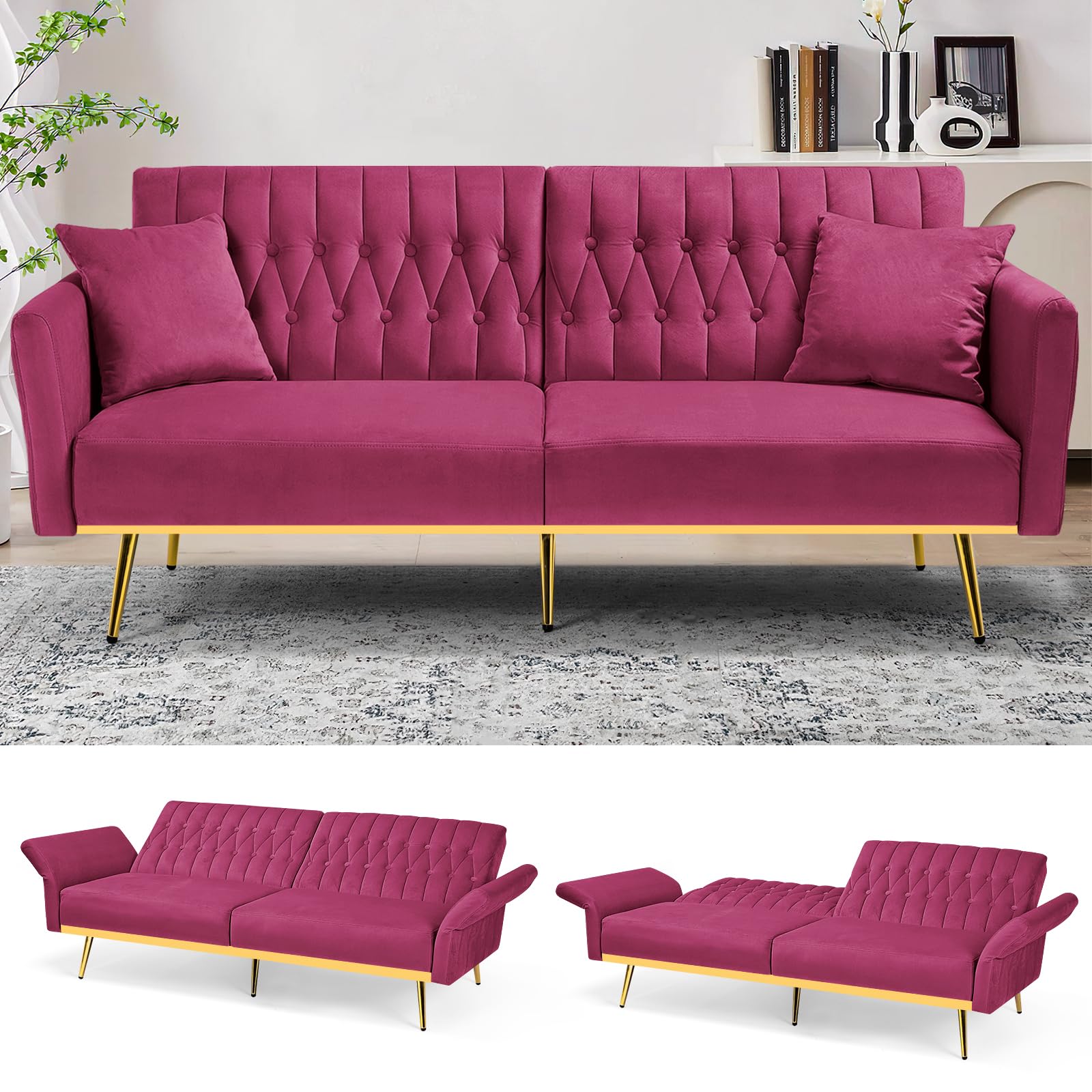 Lesofair 70" Velvet Futon with Adjustable Backrest and Armrests, Sofa Bed with with Extra Pillows for Waiting Room, Living Room and Office, Fuchsia