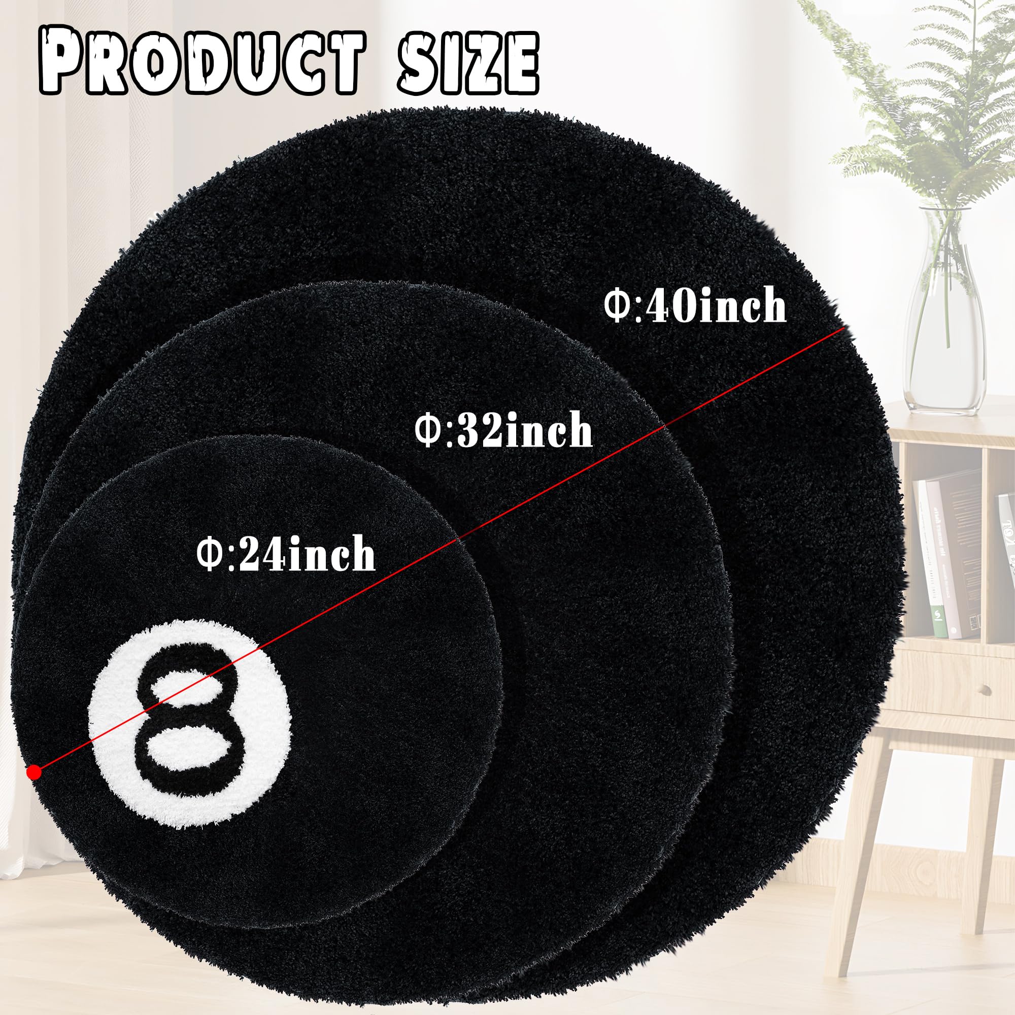 8 Ball Rug, 40 inch Big Round Rug for Home Decor, Washable 8 Ball Carpet, Stussy Cool Eight Ball Carpet for Bedroom Living Room, Black Circle Rug