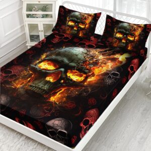 AILONEN Fire Skull Fitted Sheet Queen Size, 3D Skeleton Bed Sheet Set for Kids Boys,Fiery Style Black Tint Soft Breathable,1 Fitted Sheet 2 Pillowcases,3 PCS,Soft Microfibre