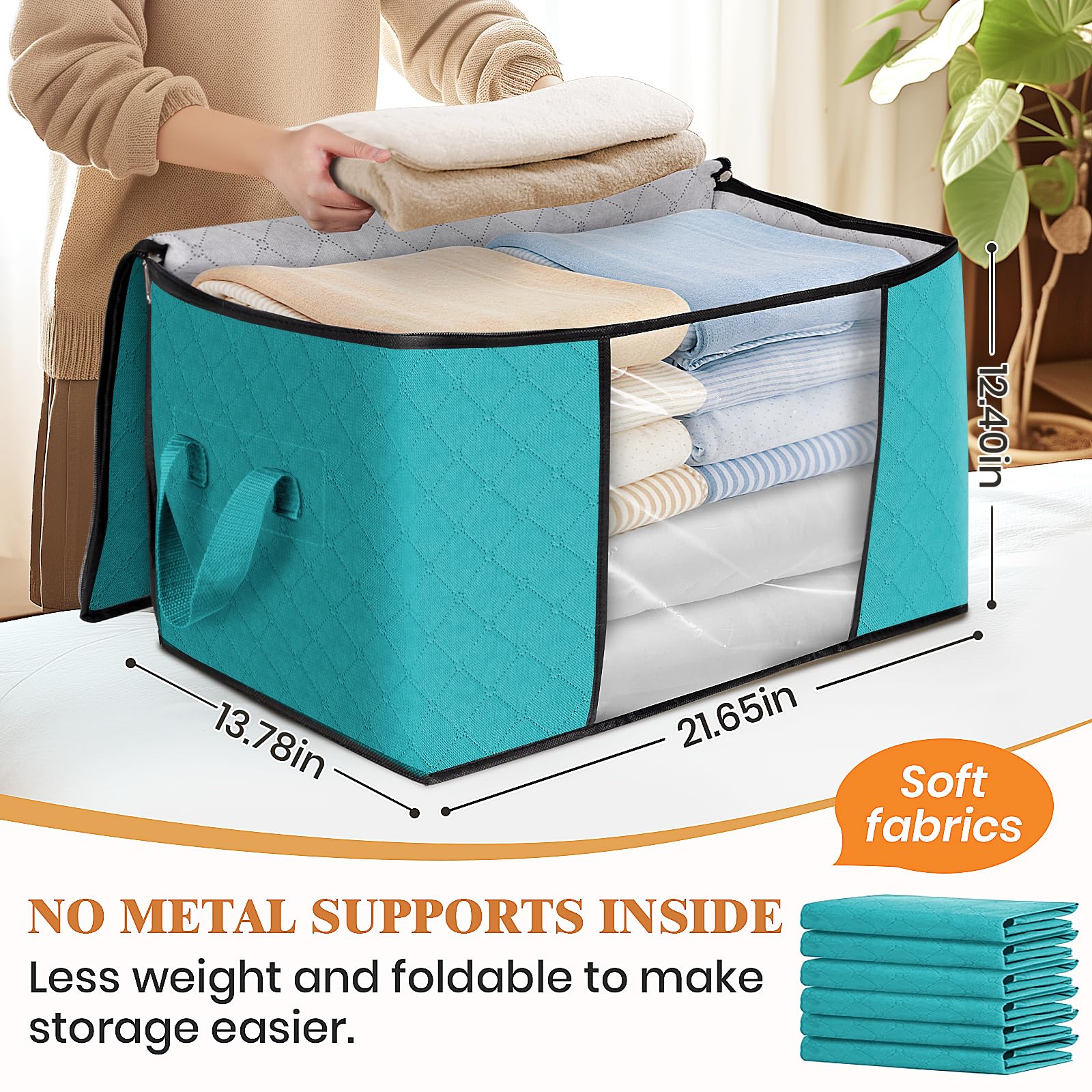 Fab totes 3 Pack Clothes Storage, Foldable Blanket Storage Bags, Storage Containers for Organizing Bedroom, Closet, Clothing, Comforter, Organization and Storage with Lids and Handle, Green