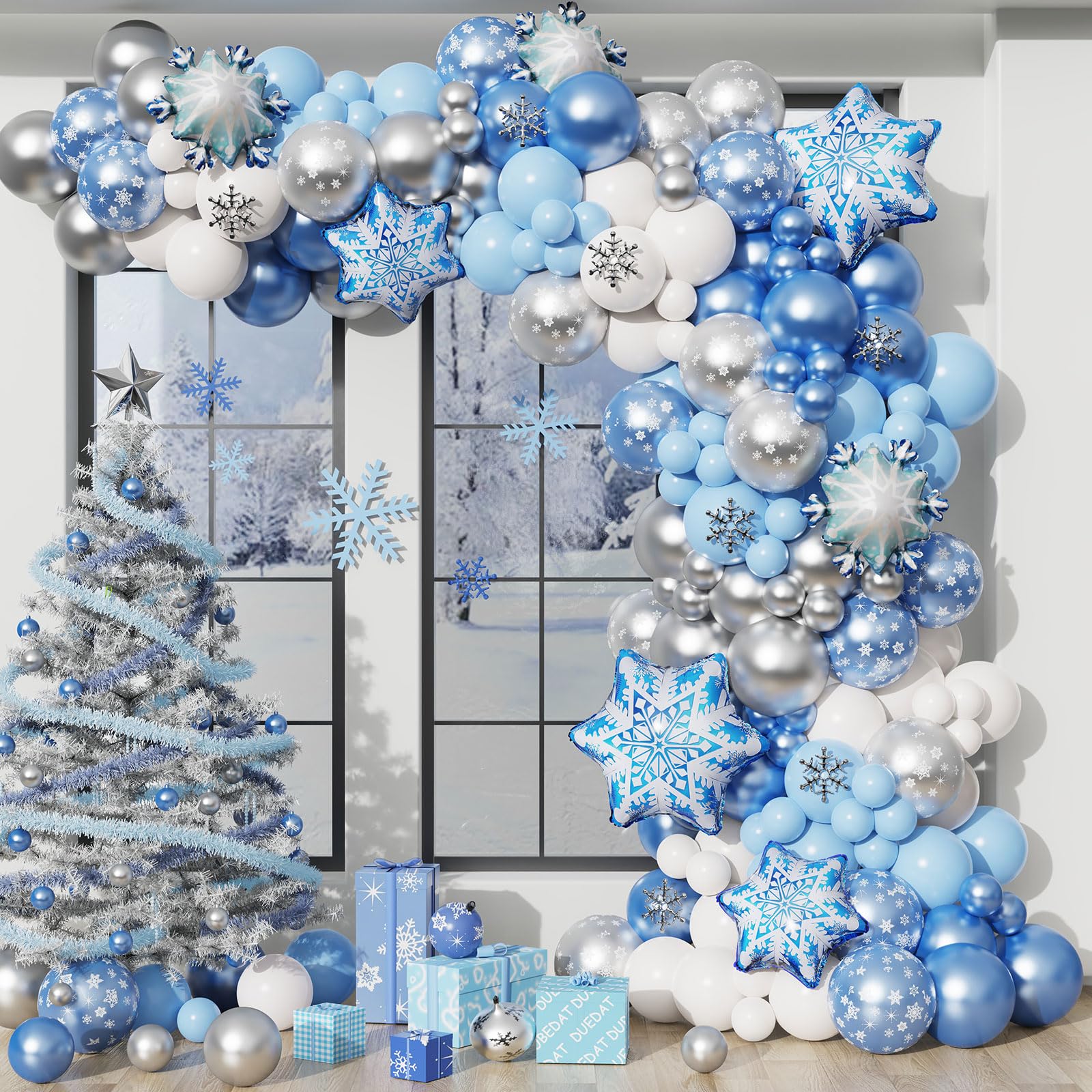 Blue Snowflake Balloon Garland Arch kit-Snowflake Balloon with Silver Blue White Latex Balloons set for Winter Wonderland Holiday Christmas Baby Shower Snow Princess Birthday Party Decorations