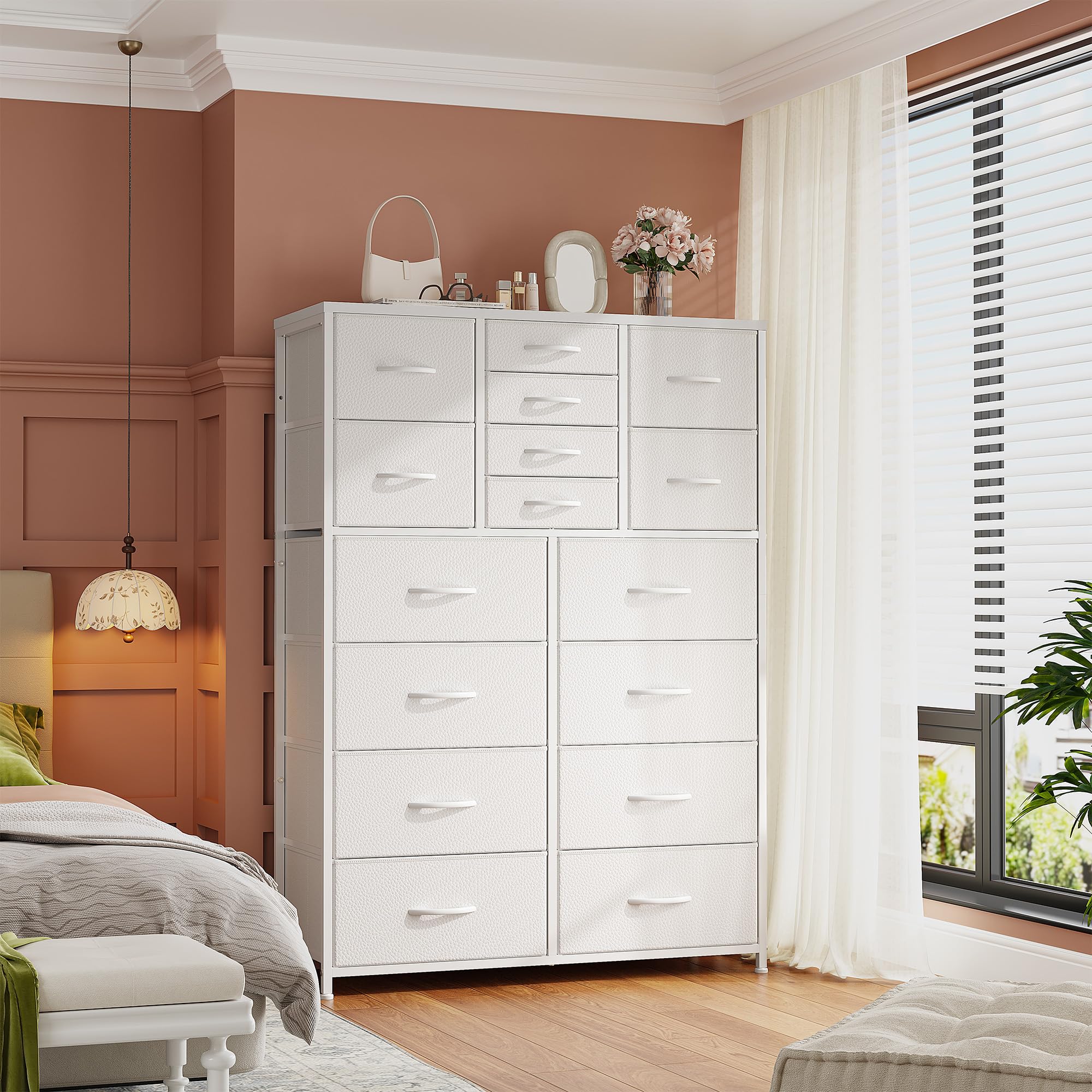 EnHomee White Dresser,Dresser for Bedroom with 16 Drawers, Tall Dressers & Chests of Drawers with Wood Top, Metal Frame,Tall Dressers for Girls Bedroom,Living Room,Hallway,Closet