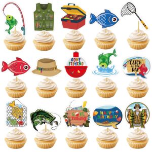 plorbach 48 pcs fishing cupcake toppers, upgrade designed fishing birthday party cupcake picks decorations gone fishing party supplies for men boy fisherman birthday fishing themed party