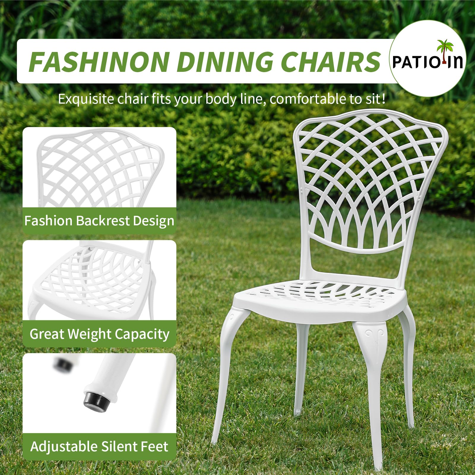 PATIO-IN 3 Piece Outdoor Bistro Set, Cast Aluminum Outdoor Bistro Table and Chairs Set of 2, Rust-Resistant Patio Furniture Set, White Bistro Set 3 Piece Outdoor for Garden, Backyard, Balcony