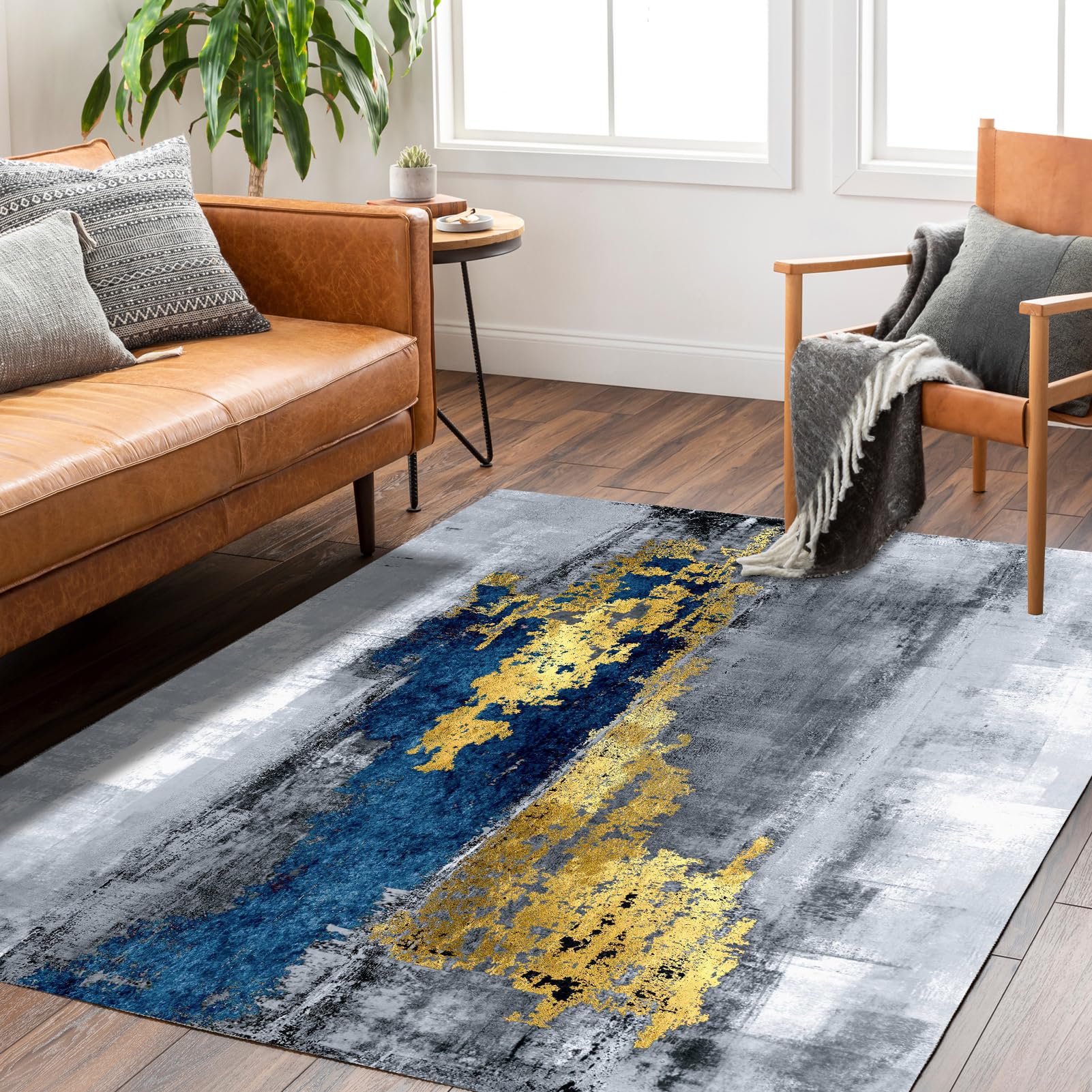 JHIQYVA 5x7 Feet Bedroom Area Rug for Living Room Kitchen Dining Room Office Study,Modern Minimalist Ultra Thin Low Pile Washable Rug,Non-Slip Soft Non-Shedding,Blue-Yellow