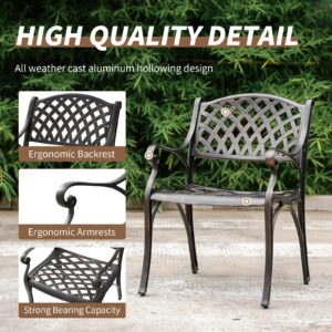 PATIO-IN Outdoor Cast Aluminum Chairs Set of 2, Patio Dining Chair with Armrest, All-Weather Patio Bistro Chair Set with Adjustable Foot Pads for Balcony, Lawn, Garden, Backyard