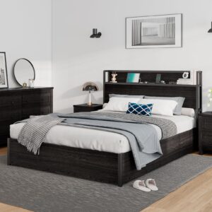 LUXOAK Queen Size Lift Up Storage Bed, Wood Platform Bed Frame with Storage Headboard & Charging Station, No Box Spring Needed, Easy Assembly, Black