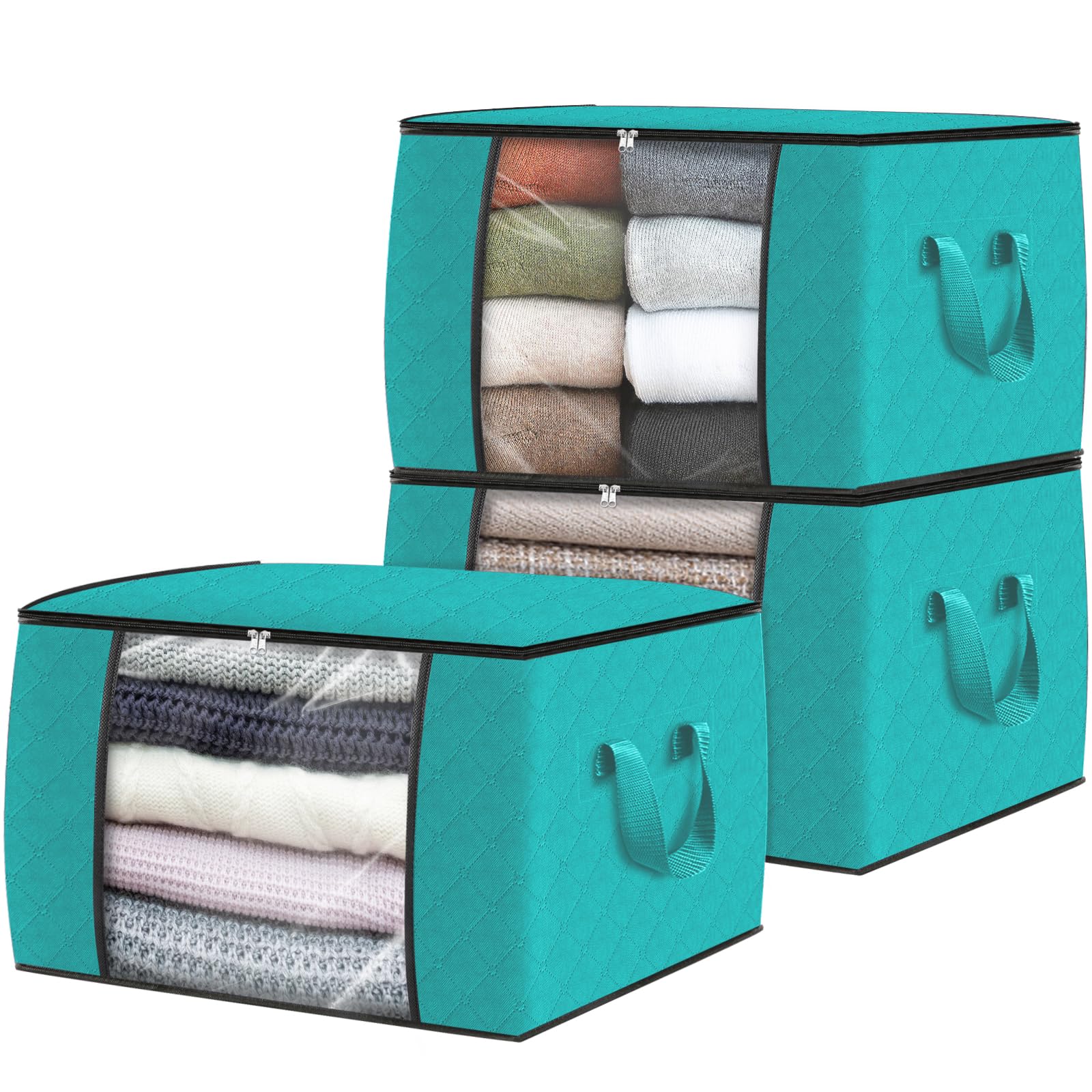 Fab totes 3 Pack Clothes Storage, Foldable Blanket Storage Bags, Storage Containers for Organizing Bedroom, Closet, Clothing, Comforter, Organization and Storage with Lids and Handle, Green