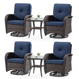 meetleisure patio swivel glider wicker chairs - outdoor swivel rocking chairs set of 4 with 2 wicker side tables, patio swivel rocker chair 6 piece patio furniture sets(brown/blue)