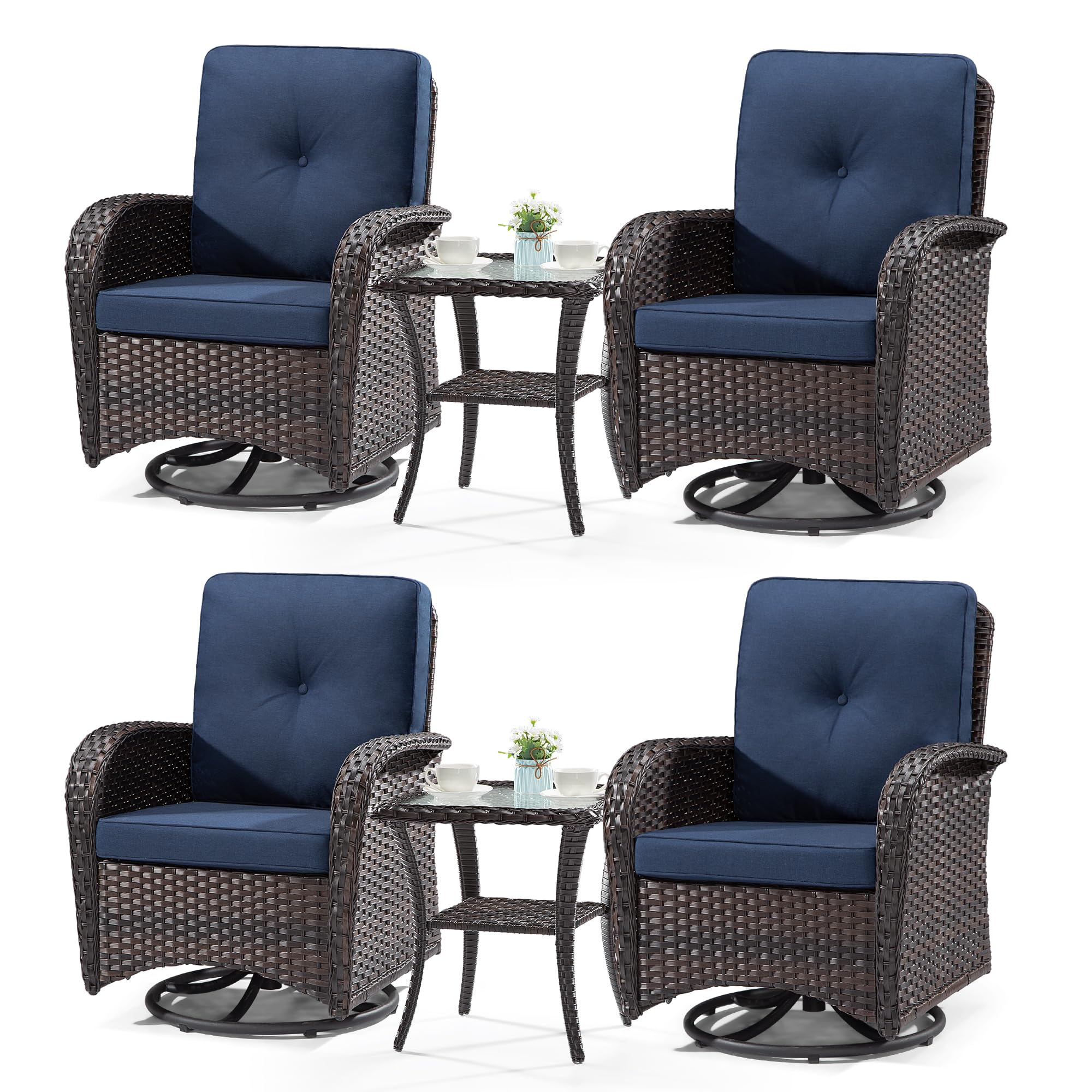 MeetLeisure Patio Swivel Glider Wicker Chairs - Outdoor Swivel Rocking Chairs Set of 4 with 2 Wicker Side Tables, Patio Swivel Rocker Chair 6 Piece Patio Furniture Sets(Brown/Blue)