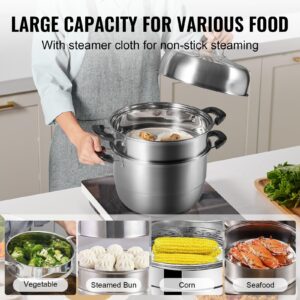 VEVOR Steamer Pot 11in/28cm, 3 Tier Steamer Pot for Cooking with 8.5QT Stock Pot, Vegetable Steamer & 2 Steaming Tray, Food-Grade 304 Stainless Steel Food Steamer Cookware for Gas Electric Stove Grill