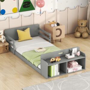 twin size floor bed with rails and storage bench, wood kids platform bed frame with headboard and footboard, no box spring needed, gray