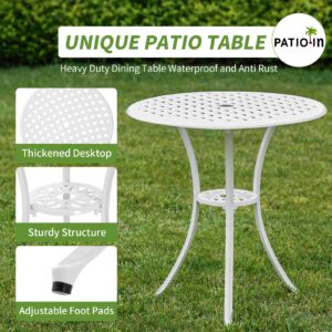 PATIO-IN 3 Piece Outdoor Bistro Set, Cast Aluminum Outdoor Bistro Table and Chairs Set of 2, Rust-Resistant Patio Furniture Set, White Bistro Set 3 Piece Outdoor for Garden, Backyard, Balcony