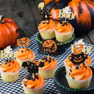 24Pcs Happy Halloween Cupcake Toppers Glitter Halloween Cupcake Picks Bat Pumpkin Ghost Cupcake Decorations for Halloween Theme Baby Shower Birthday Party Cake Supplies