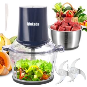 qinkada food processors with 2 bowls, 400w meat grinder, food chopper electric, 2 speed, 8cup glass and 8cup 304 stainless steel, 2 blades, spatula (blue)