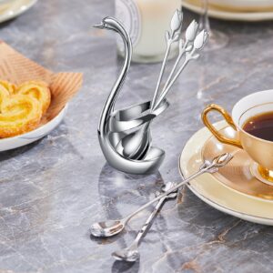 SGVRPVZ Silver Small Coffee Spoon Holder Set,Swan Base With 12 Pcs Demitasse Espresso Spoons Set,6" Mini Tulip/Rose Dessert Spoon,Stainless Steel Tea Spoons