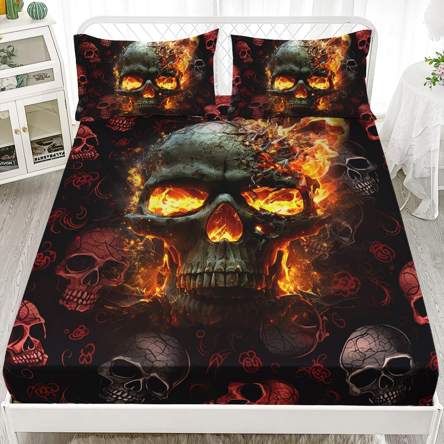 AILONEN Fire Skull Fitted Sheet Queen Size, 3D Skeleton Bed Sheet Set for Kids Boys,Fiery Style Black Tint Soft Breathable,1 Fitted Sheet 2 Pillowcases,3 PCS,Soft Microfibre