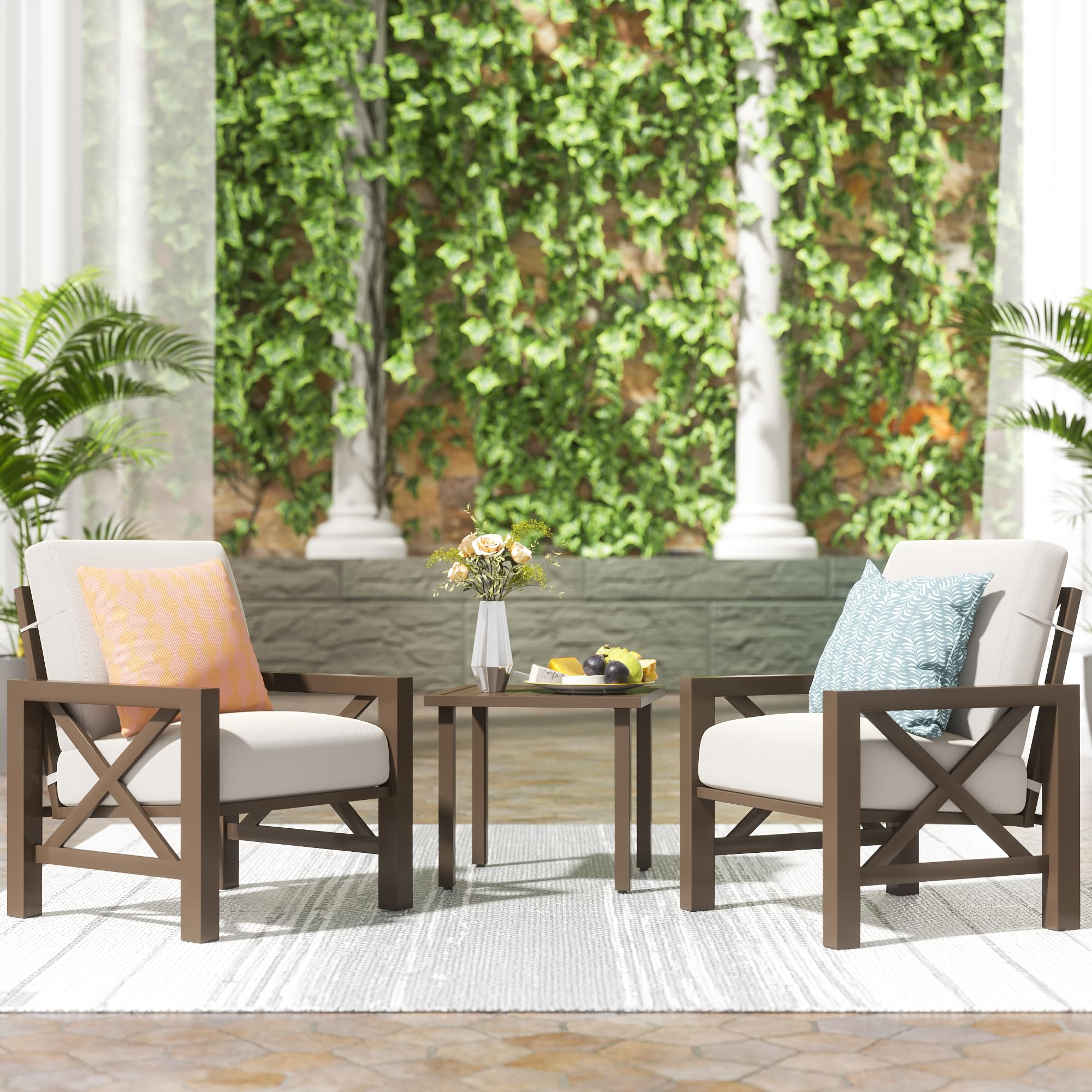 NATURAL EXPRESSIONS 3-Piece Patio Bistro Set, Patio Conversation Furniture Set with 2 Chairs and 1 Metal Coffee Table, 6.5'' Thick Olefin Cushions for Backyard,Porch,Poolside