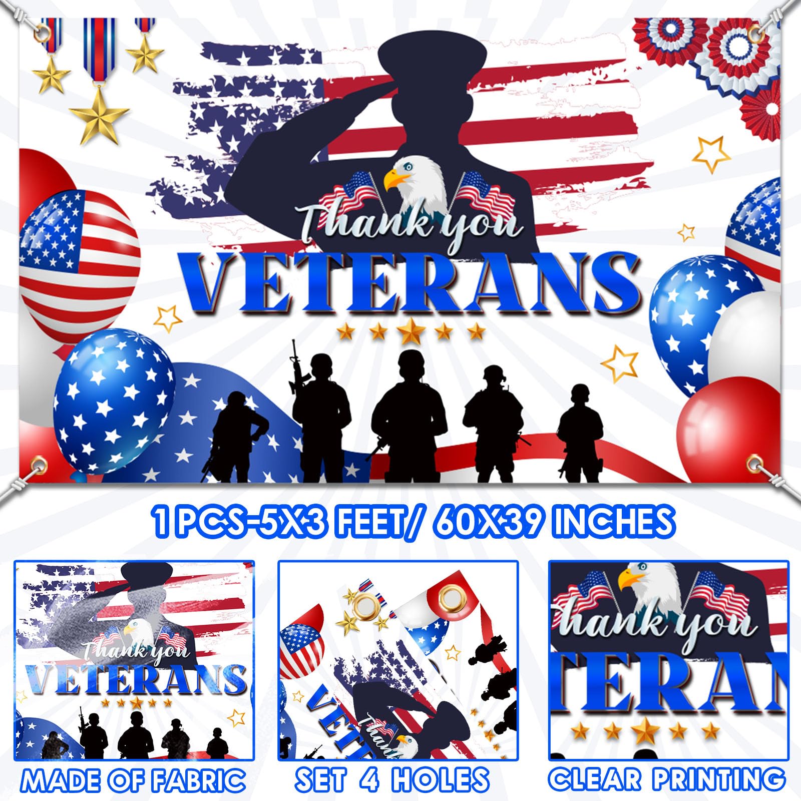 Veterans Day Backdrop Banner, Thank You Veterans Banner Patriotic Backdrop Background Banner, Indoor Outdoor Veterans Day Photo Backdrop for Greeting Veterans Day Party Decorations