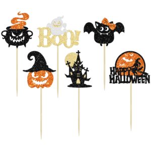 24Pcs Happy Halloween Cupcake Toppers Glitter Halloween Cupcake Picks Bat Pumpkin Ghost Cupcake Decorations for Halloween Theme Baby Shower Birthday Party Cake Supplies