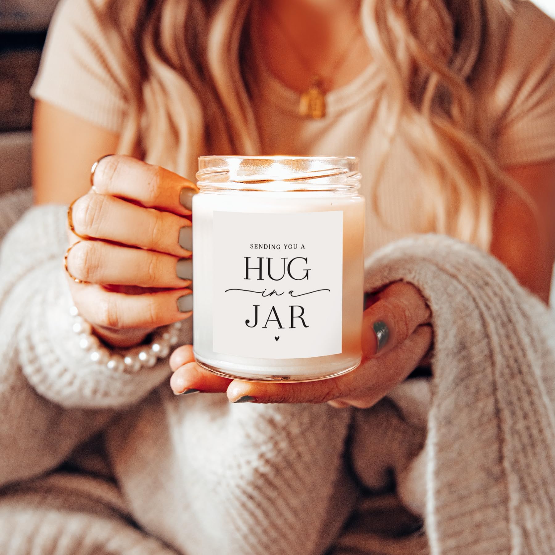 ThreeKin Warm Hug in a Jar Scented Candles for Home, Relaxing Aromatherapy Gifts for Women with Lavender Essential Oils, Natural Soy Wax Blend, Long 65-Hour Burn, Friendship Gifts, 9 Oz