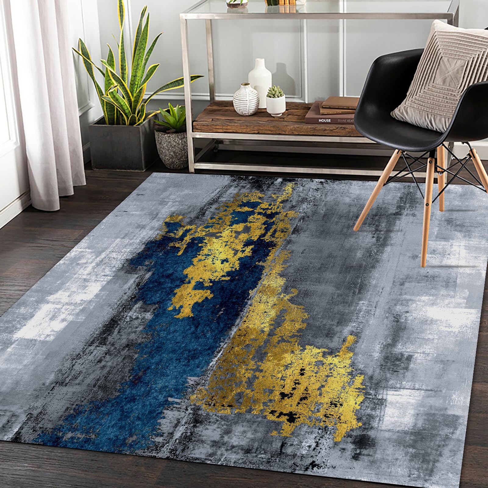 JHIQYVA 5x7 Feet Bedroom Area Rug for Living Room Kitchen Dining Room Office Study,Modern Minimalist Ultra Thin Low Pile Washable Rug,Non-Slip Soft Non-Shedding,Blue-Yellow