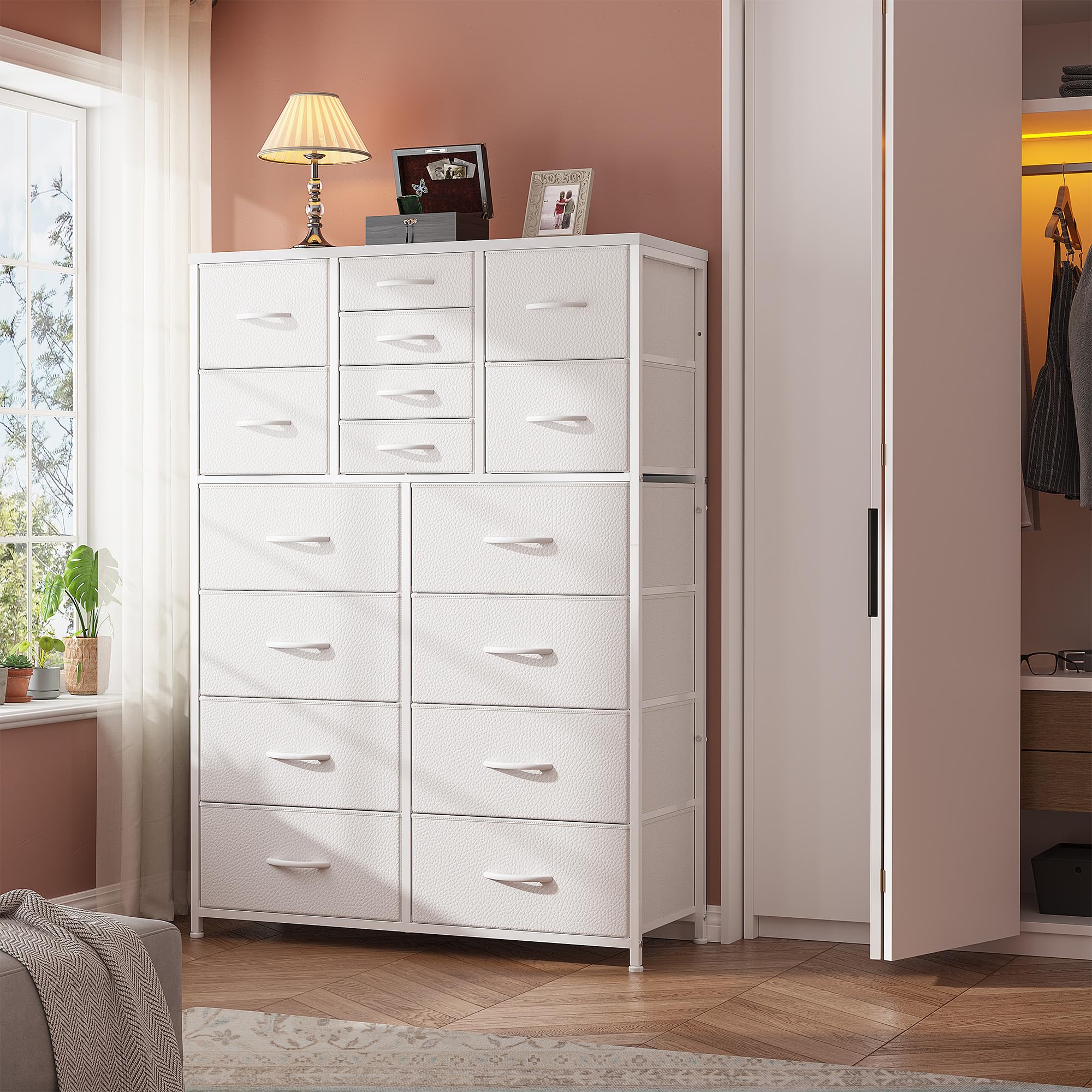 EnHomee White Dresser,Dresser for Bedroom with 16 Drawers, Tall Dressers & Chests of Drawers with Wood Top, Metal Frame,Tall Dressers for Girls Bedroom,Living Room,Hallway,Closet