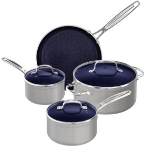 nuwave 7pc cookware set healthy duralon blue ceramic nonstick coated, diamond infused scratch-resistant, pfas free, oven safe, induction ready & evenly heats, tempered glass lids & stay-cool handle