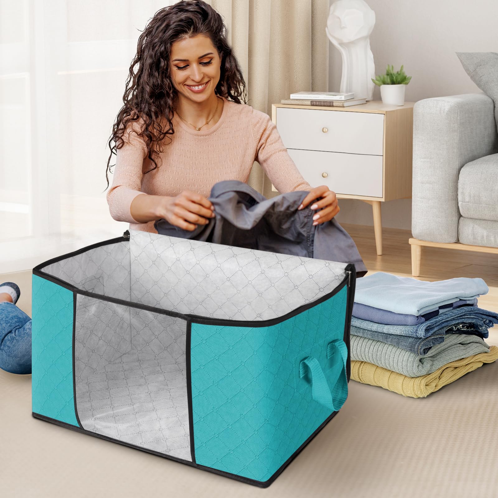 Fab totes 3 Pack Clothes Storage, Foldable Blanket Storage Bags, Storage Containers for Organizing Bedroom, Closet, Clothing, Comforter, Organization and Storage with Lids and Handle, Green