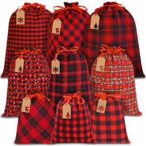 yujun 9pcs christmas drawstring bags christmas cotton buffalo plaid bags sacks xmas red black wrapping storage bags with kraft tags for christmas candy goodie holiday party favors(3 sizes)