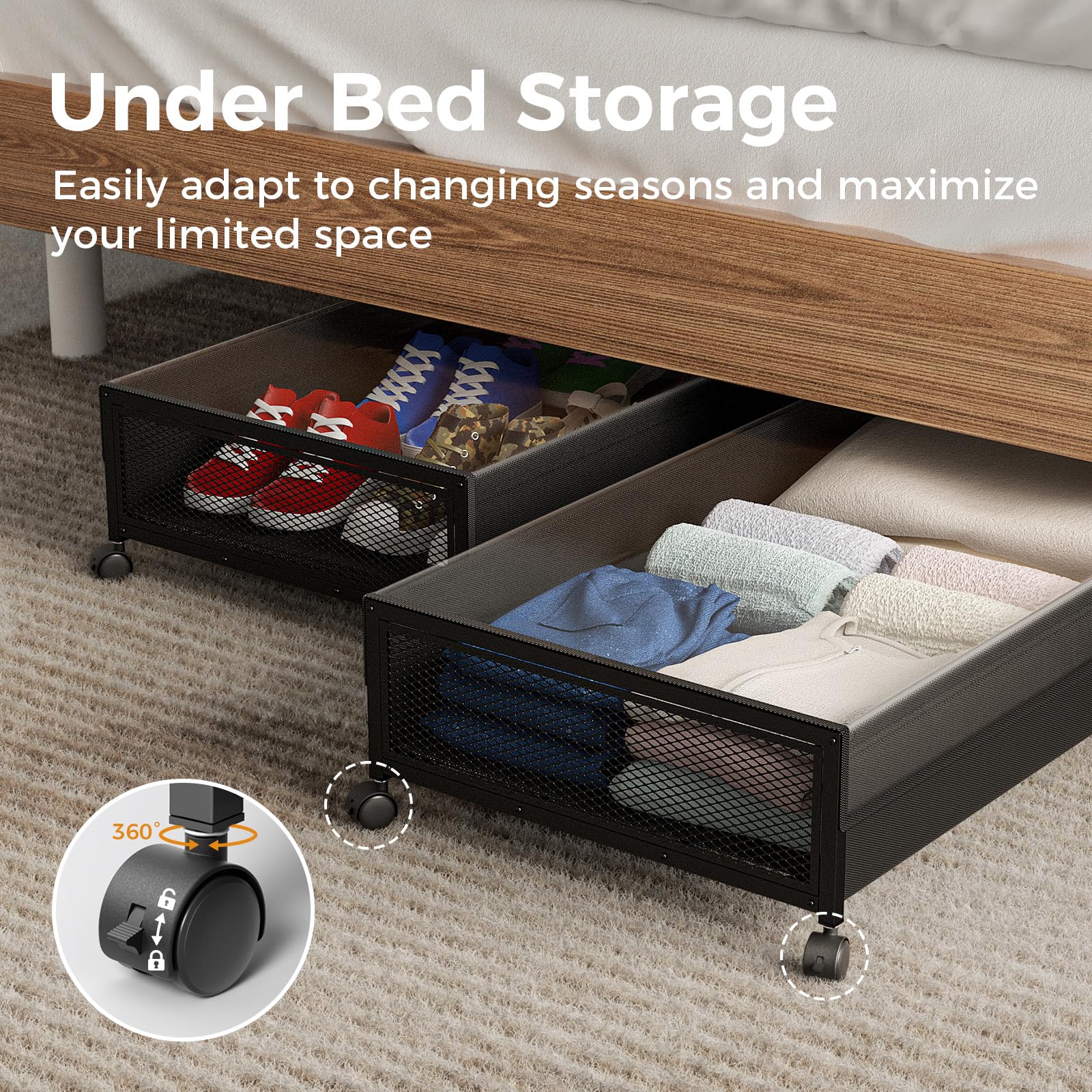 HUWAILE 60L Large Capacity Under Bed Storage with Wheels-Under Bed Storage Containers-Under Bed Storage Drawer-Under Bed Storage Organizer for Clothes, Blankets, Shoes, Books, and Toys (2 Pack)