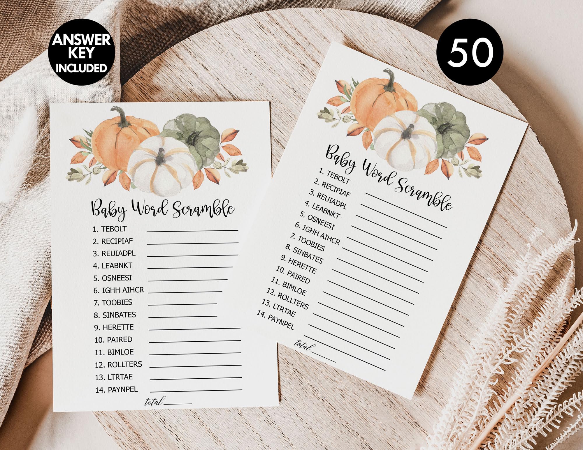 50 Baby Shower Word Scramble (50-Cards) Fun Baby Shower Game Activity, Gender Neutral Boy or Girl, Pumpkin, Autumn