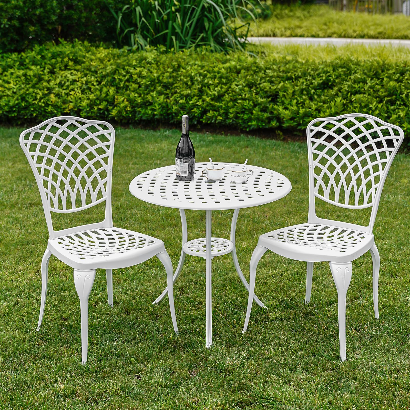 PATIO-IN 3 Piece Outdoor Bistro Set, Cast Aluminum Outdoor Bistro Table and Chairs Set of 2, Rust-Resistant Patio Furniture Set, White Bistro Set 3 Piece Outdoor for Garden, Backyard, Balcony