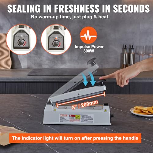 VEVOR Impulse Sealer 8 inch, Manual Heat Sealing Machine with Adjustable Heating Mode, Aluminum Shrink Wrap Bag Sealers for Plastic Mylar PE PP Bags, Portable Poly Bag Sealer with Extra Replace Kit