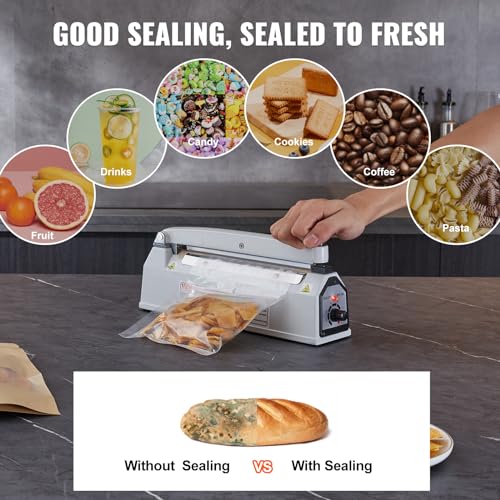 VEVOR Impulse Sealer 8 inch, Manual Heat Sealing Machine with Adjustable Heating Mode, Aluminum Shrink Wrap Bag Sealers for Plastic Mylar PE PP Bags, Portable Poly Bag Sealer with Extra Replace Kit